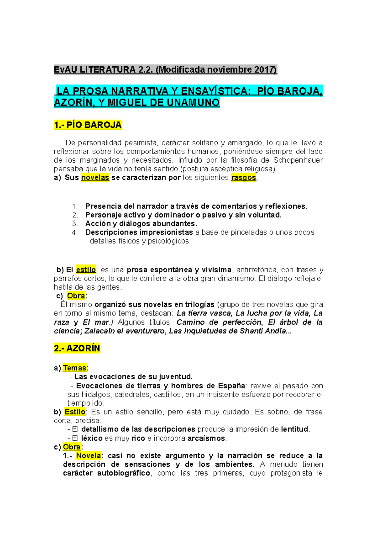 Ev AU Literatura 2.2. LA Prosa Narrativa Y Ensayística - Baroja, Azorín ...