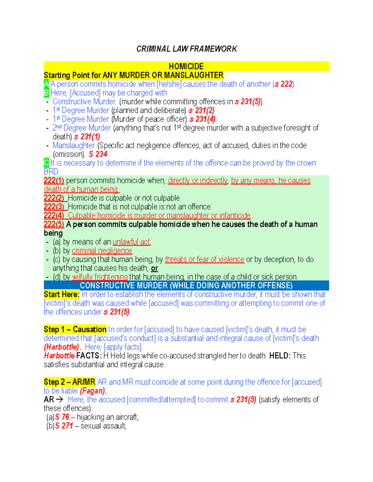 Criminal Law Framework - CRIMINAL LAW FRAMEWORK HOMICIDE Starting Point ...