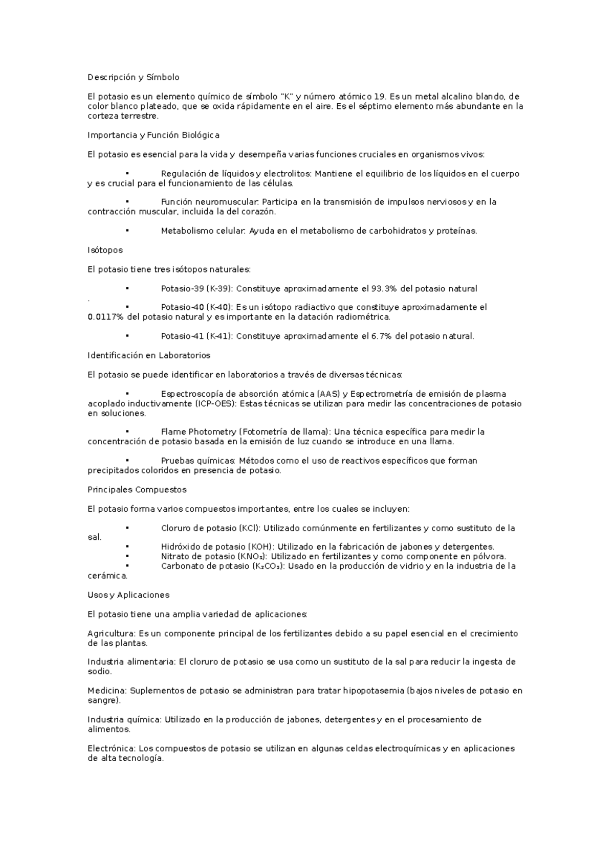 Importancia del potasio - Descripción y Símbolo El potasio es un ...