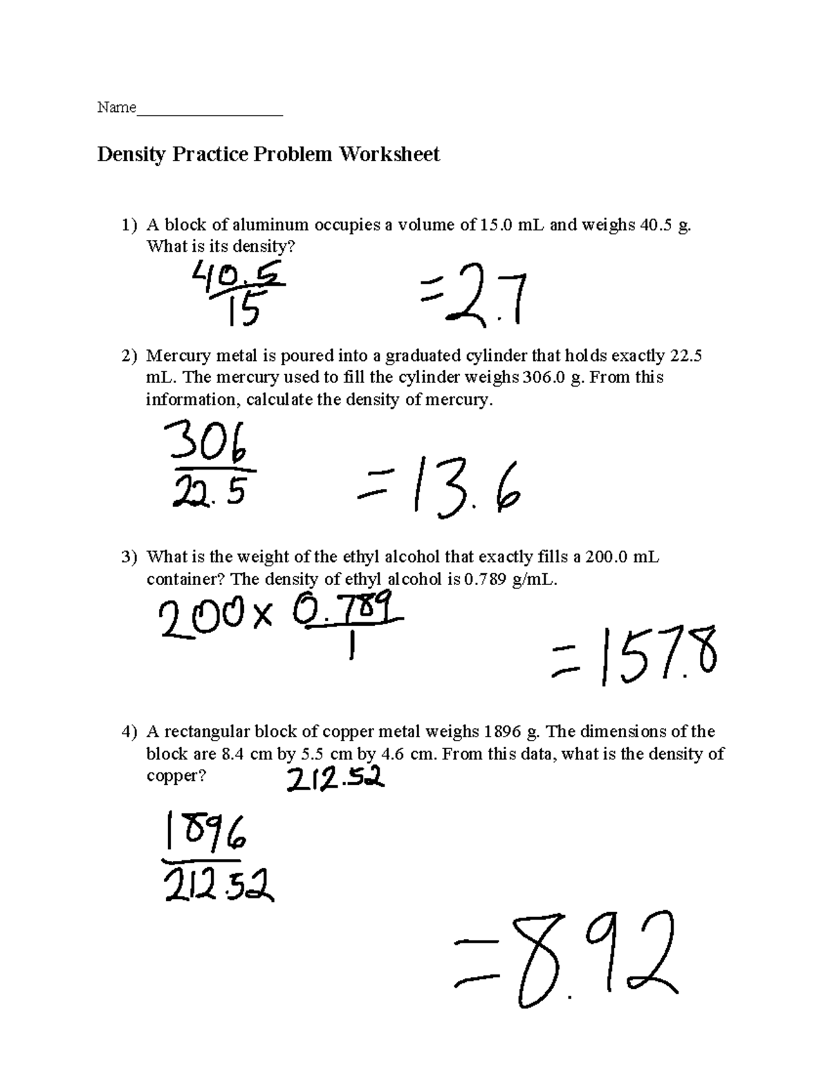 Density Practice Problems - Name__________________ Density Practice Problem Worksheet A block of ...