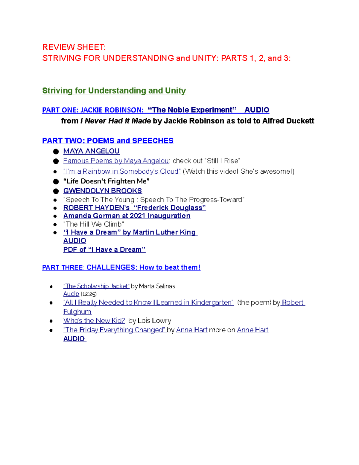 Review Sheet Striving FOR Understanding and Unity Parts 1, 2, and 3 ...
