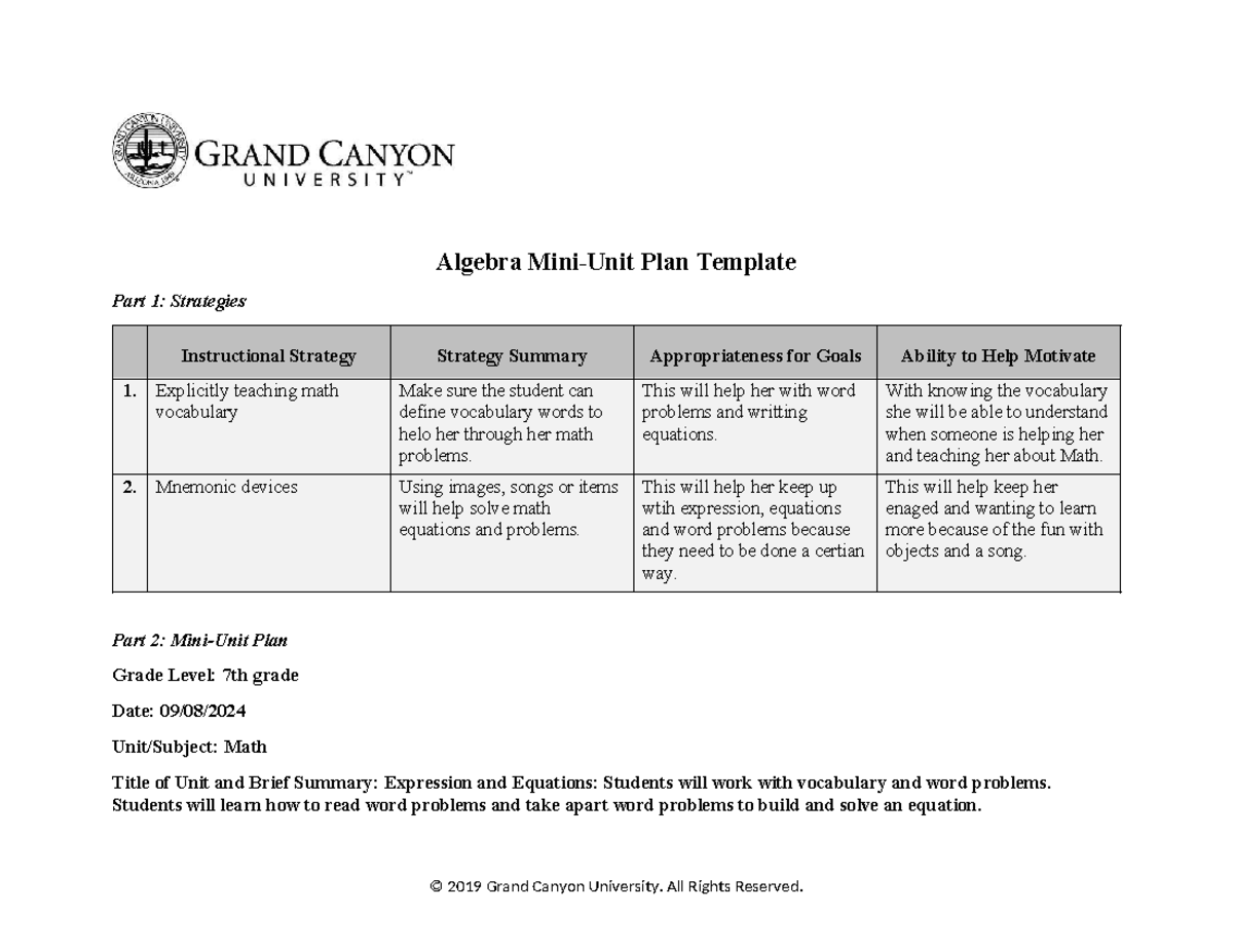 SPD-470-D-T7-Algebra Unit Plan BAR Template (1) (1) - Algebra Mini-Unit ...