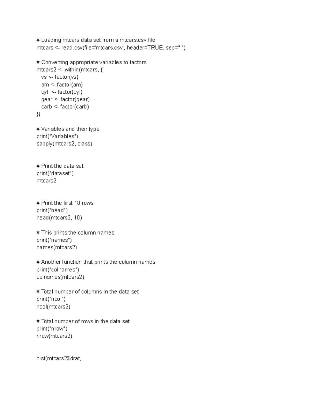 Code Assignment 1 Lewis - Loading mtcars data set from a mtcars file mtcars