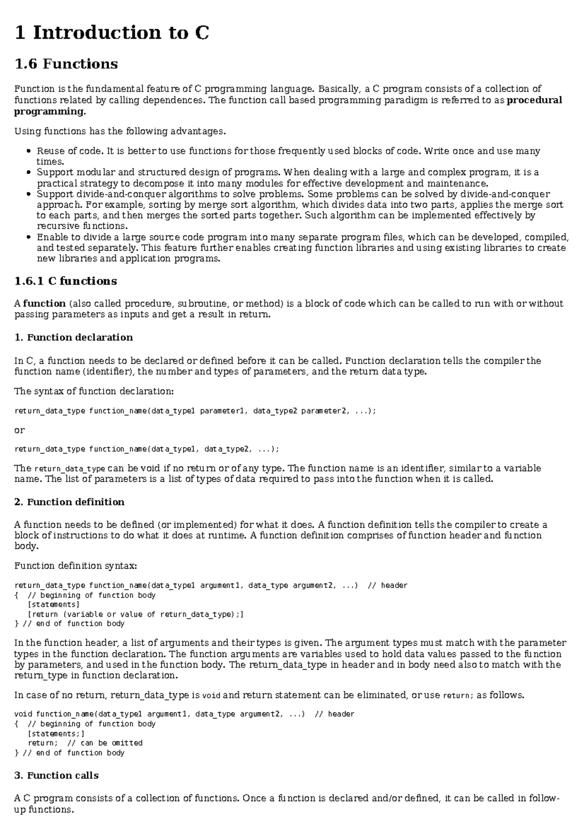 L01 06 - Lecture notes - 1 Introduction to C 1 Functions Function is ...