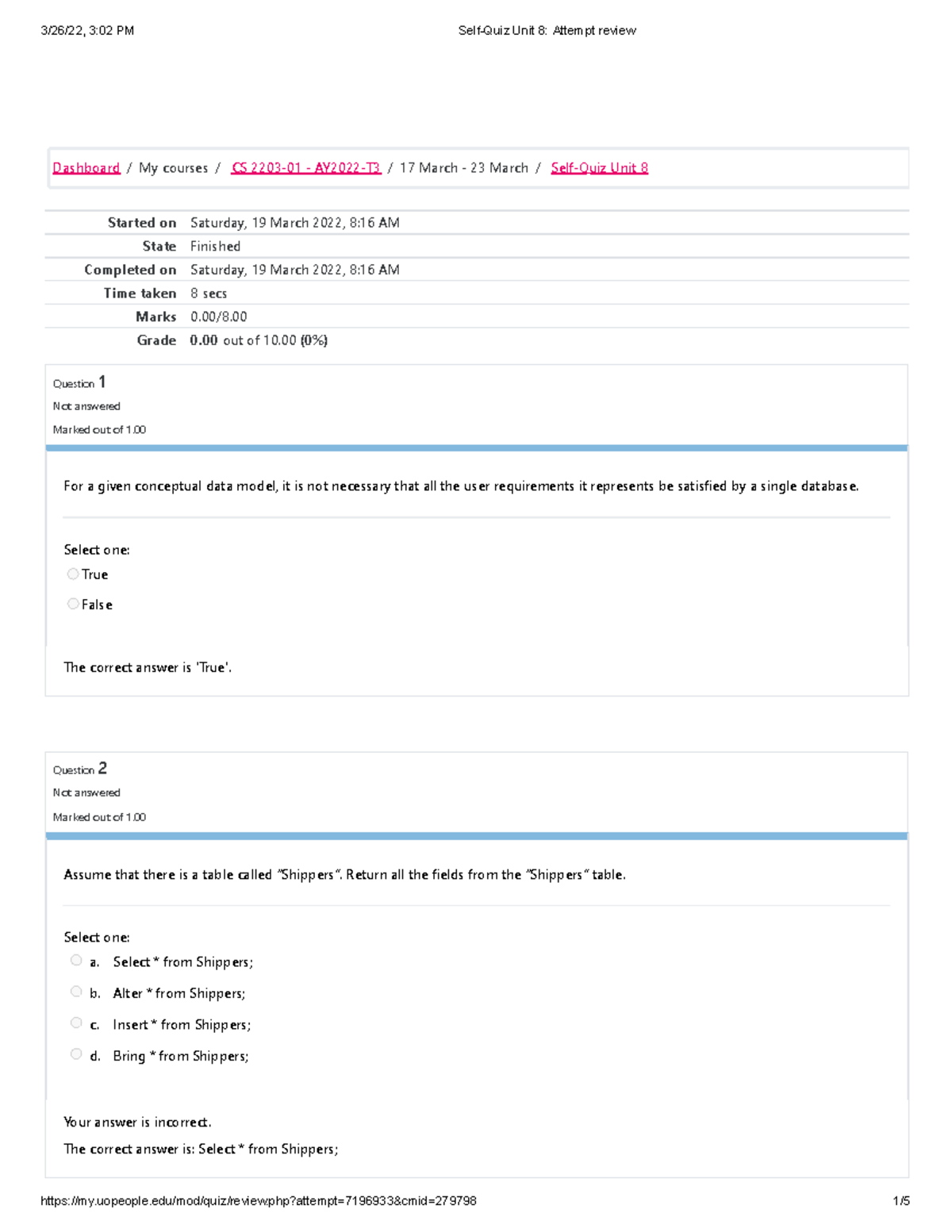 Self-Quiz Unit 8 Attempt review - Started on Saturday, 19 March 2022, 8:16 AM State Finished ...