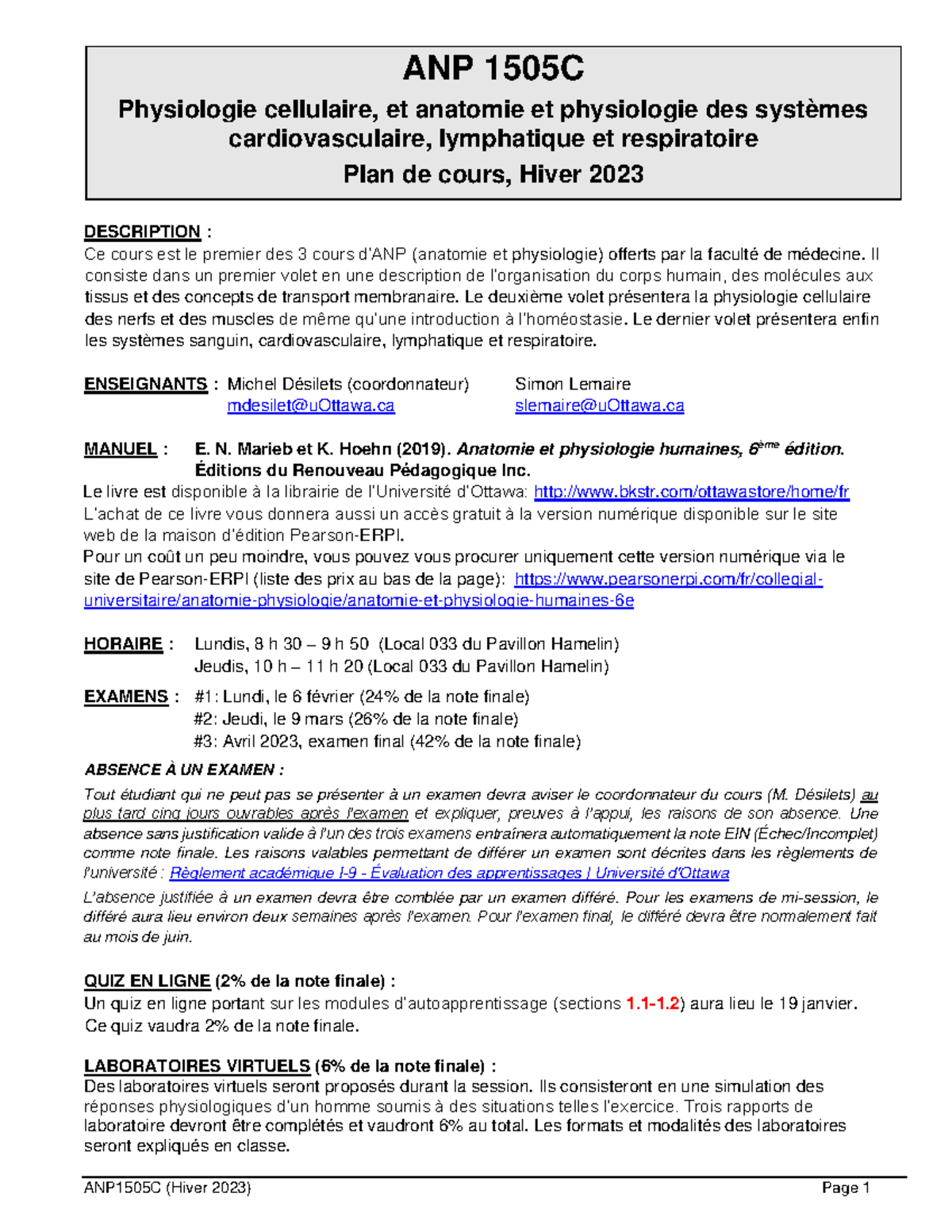 ANP1505 C plan de cours 2023 - ANP 1505C Physiologie cellulaire, et anatomie et physiologie des ...