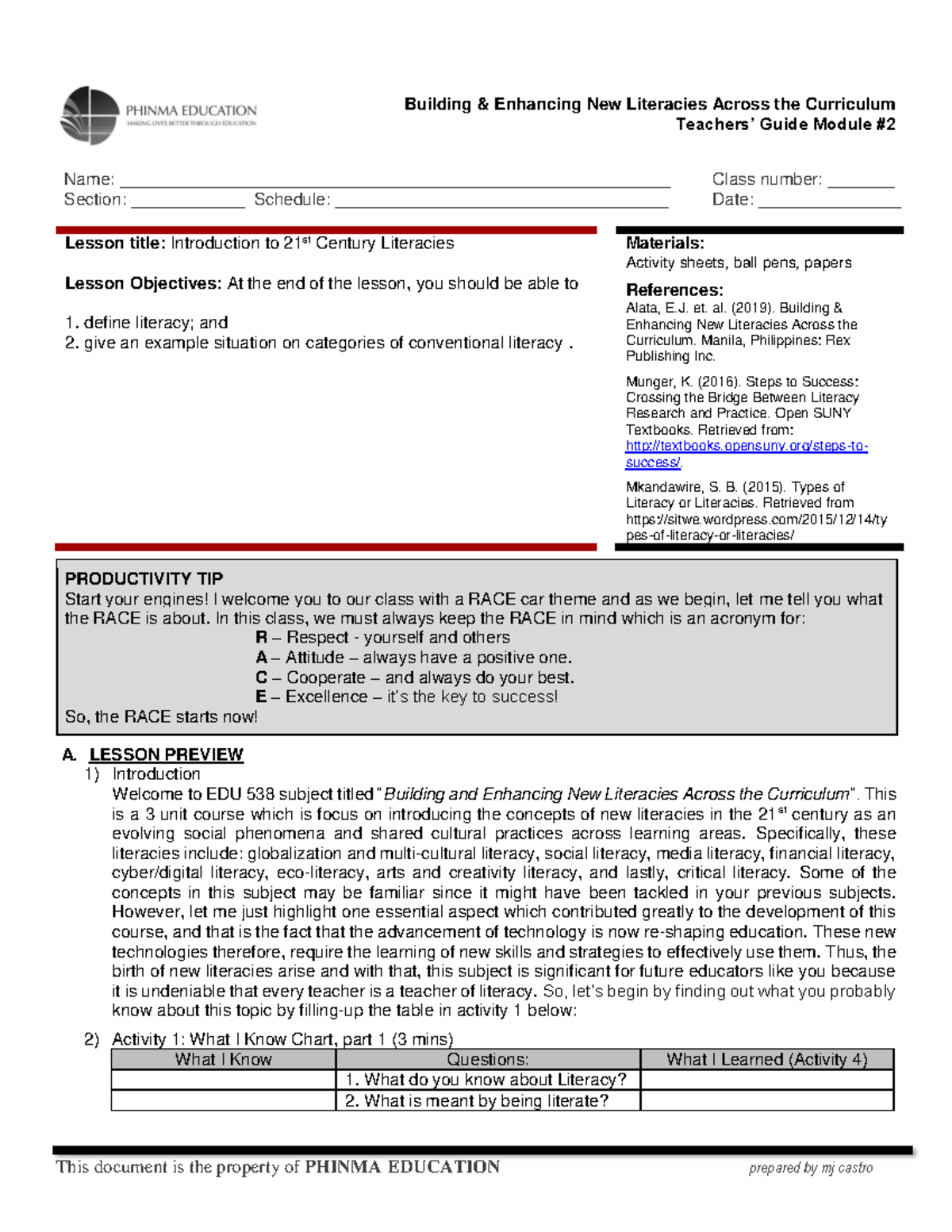 EDU 538 02 - Subject code: EDU 538 Subject Description: Building and ...