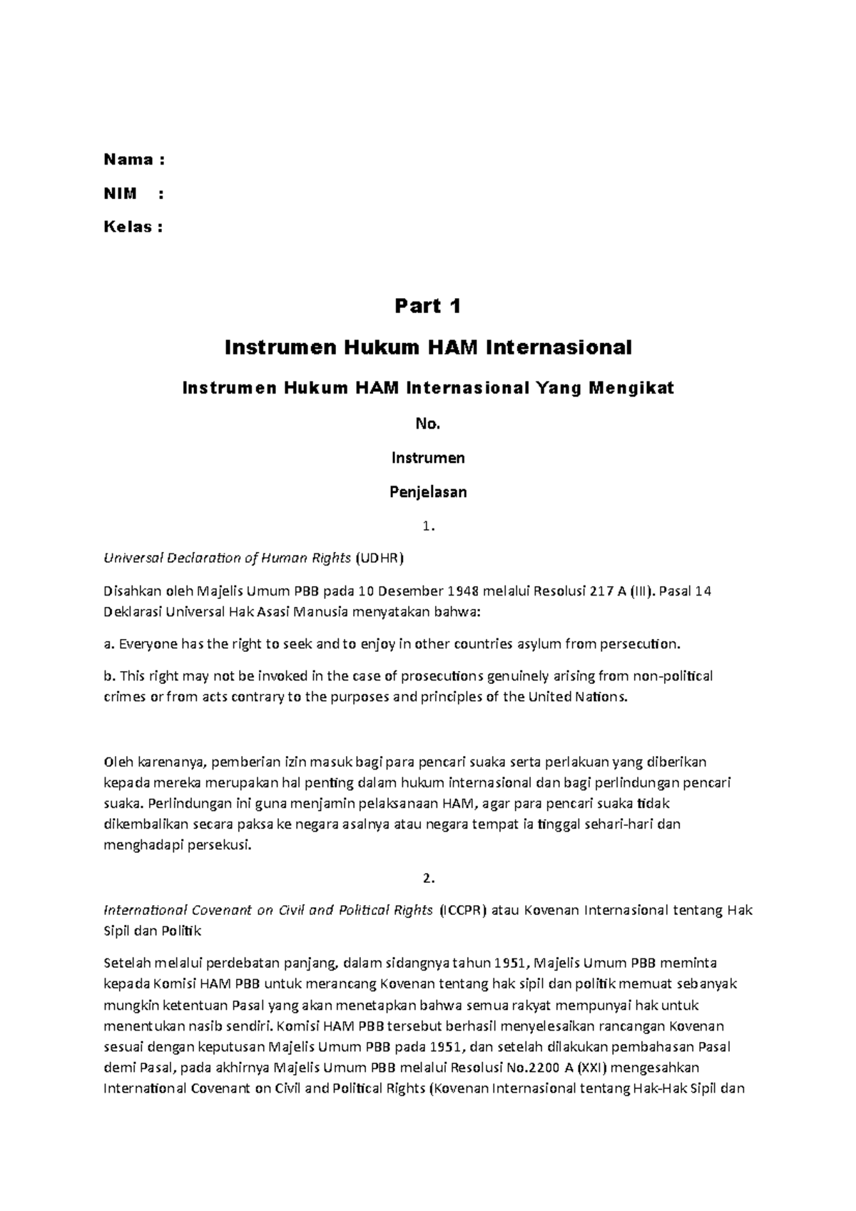 Tugas 1 HAM (Instrumen Internasional HAM) - Nama : NIM : Kelas : Part 1 ...
