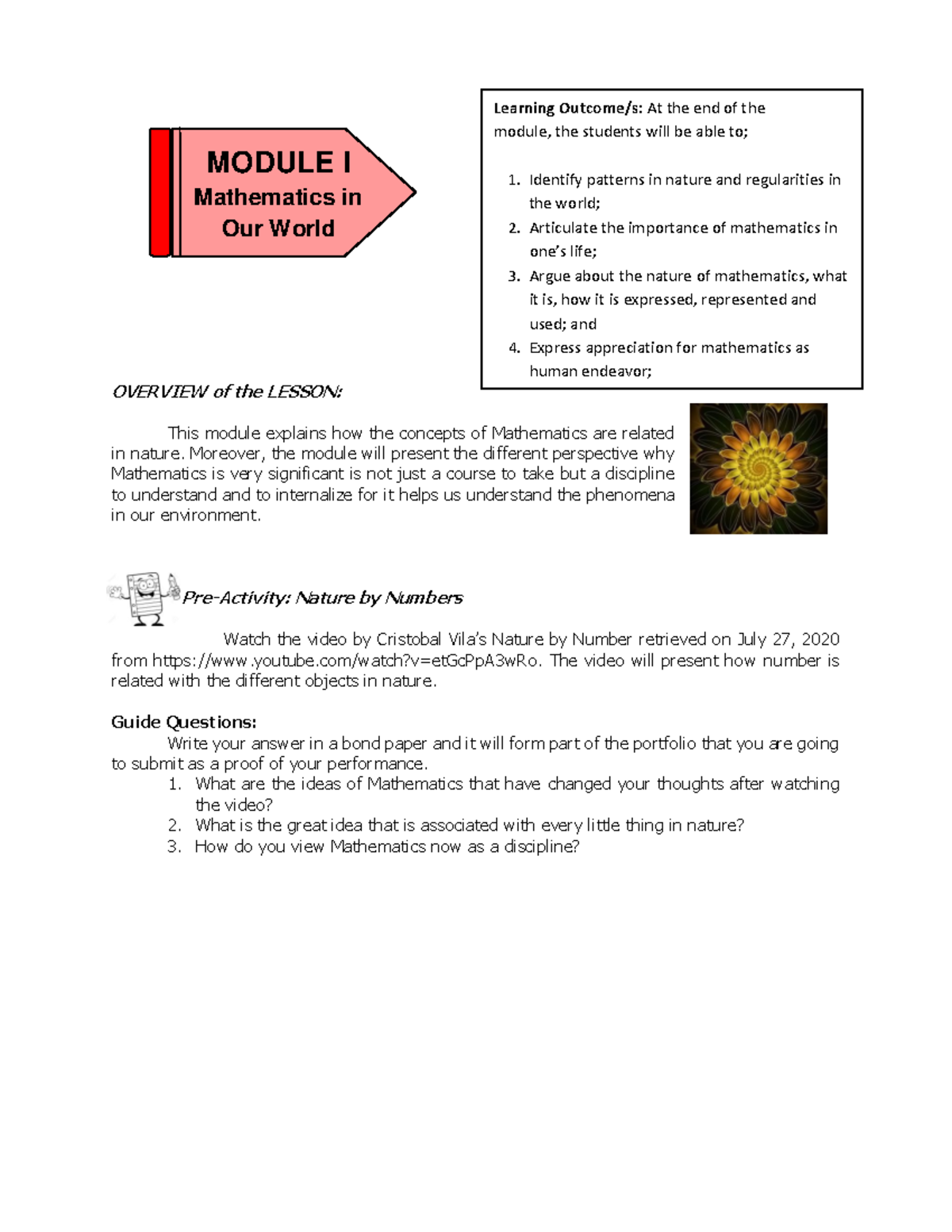 MATHEMATICS IN THE MODERN WORLD LESSON 1 OVERVIEW Of The LESSON