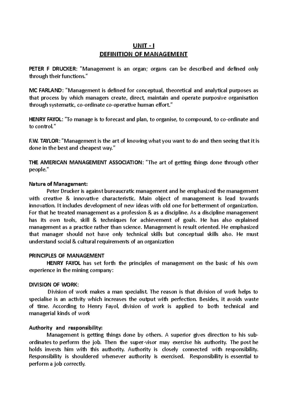 Unit 1 - It’s lecture notes - UNIT - I DEFINITION OF MANAGEMENT PETER F ...