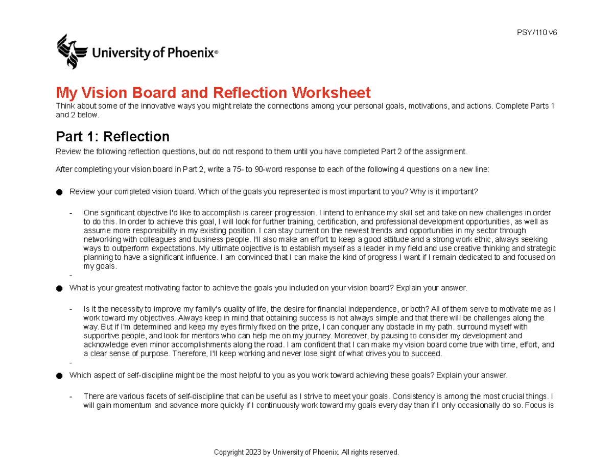 Psy110 v6 wk5 my vision board and reflection worksheet - PSY/110 v My ...