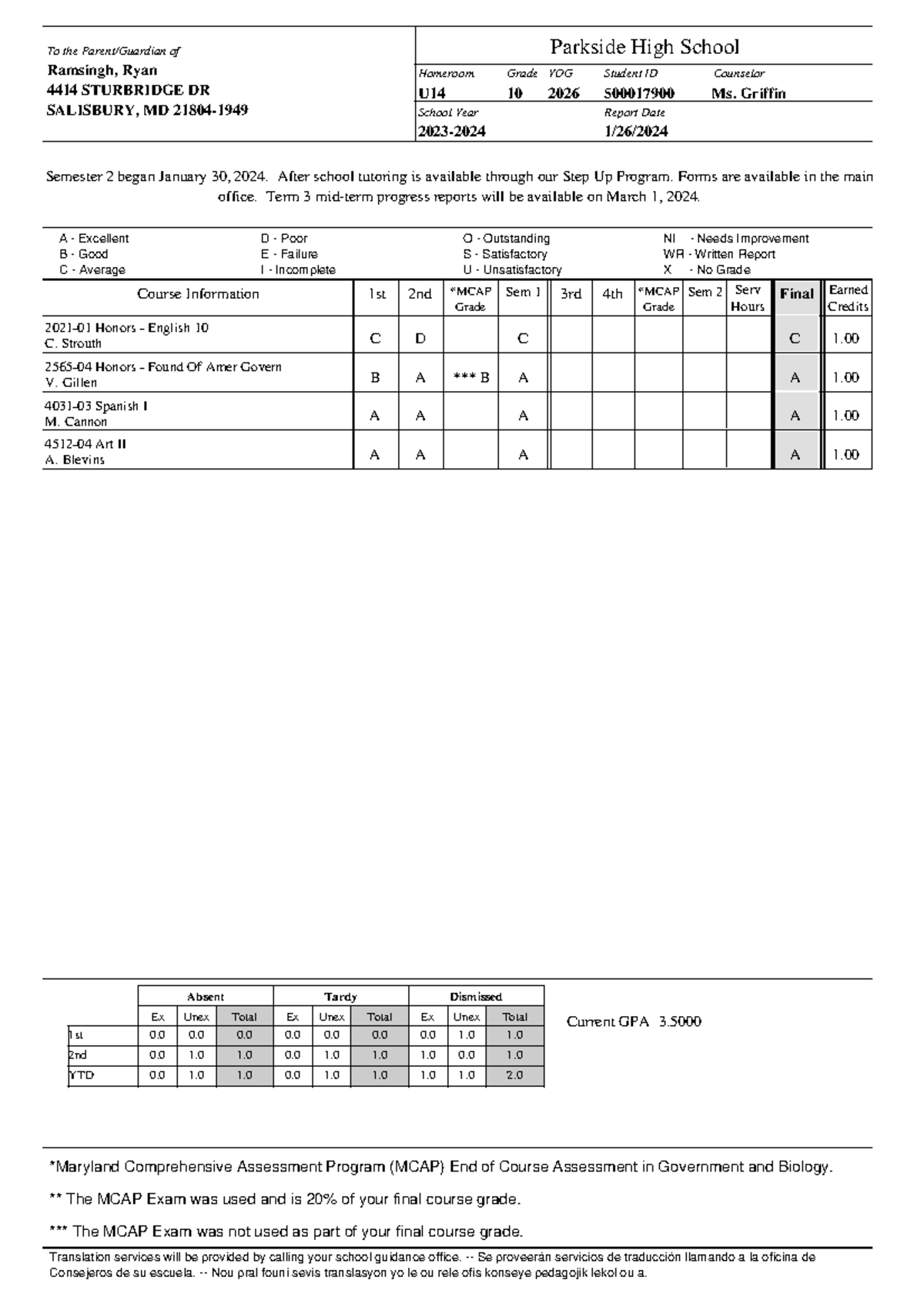 Report Card- High School - To the Parent/Guardian of Parkside High ...