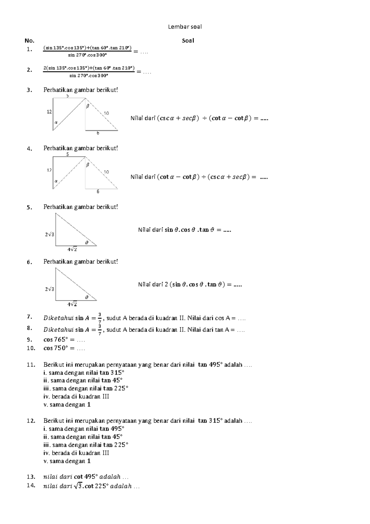 Lembar soal puzzle XG dan XH FIX 2 - Lembar soal No. Soal 1. (sin 135 ...