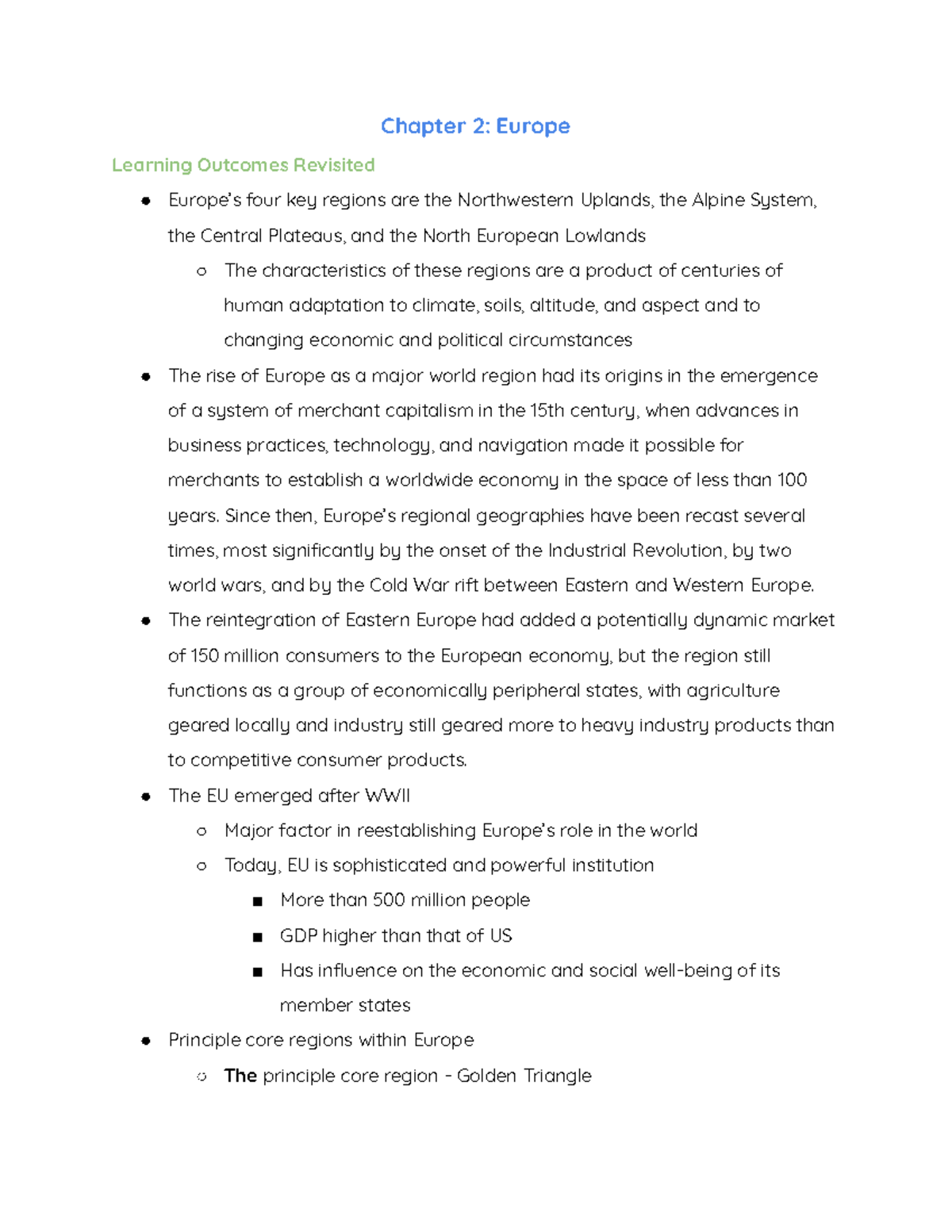 Chapter 2 Notes - Chapter 2: Europe Learning Outcomes Revisited Europe ...