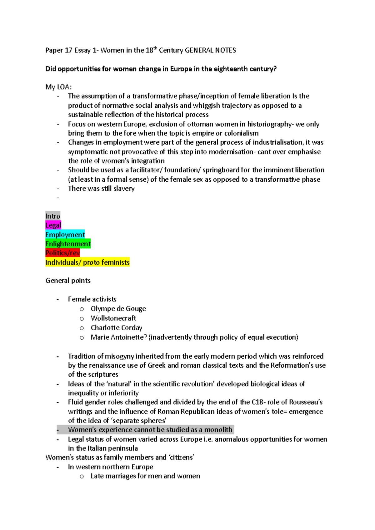 Paper 17 Essay 1 general notes - Paper 17 Essay 1- Women in the 18th ...