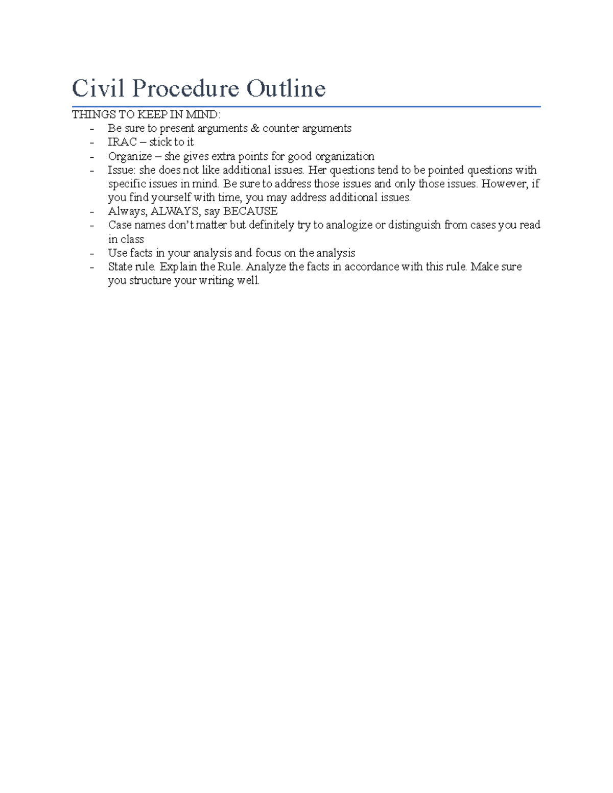 Civil Procedure - Prof Wang - Civil Procedure Outline THINGS TO KEEP IN ...