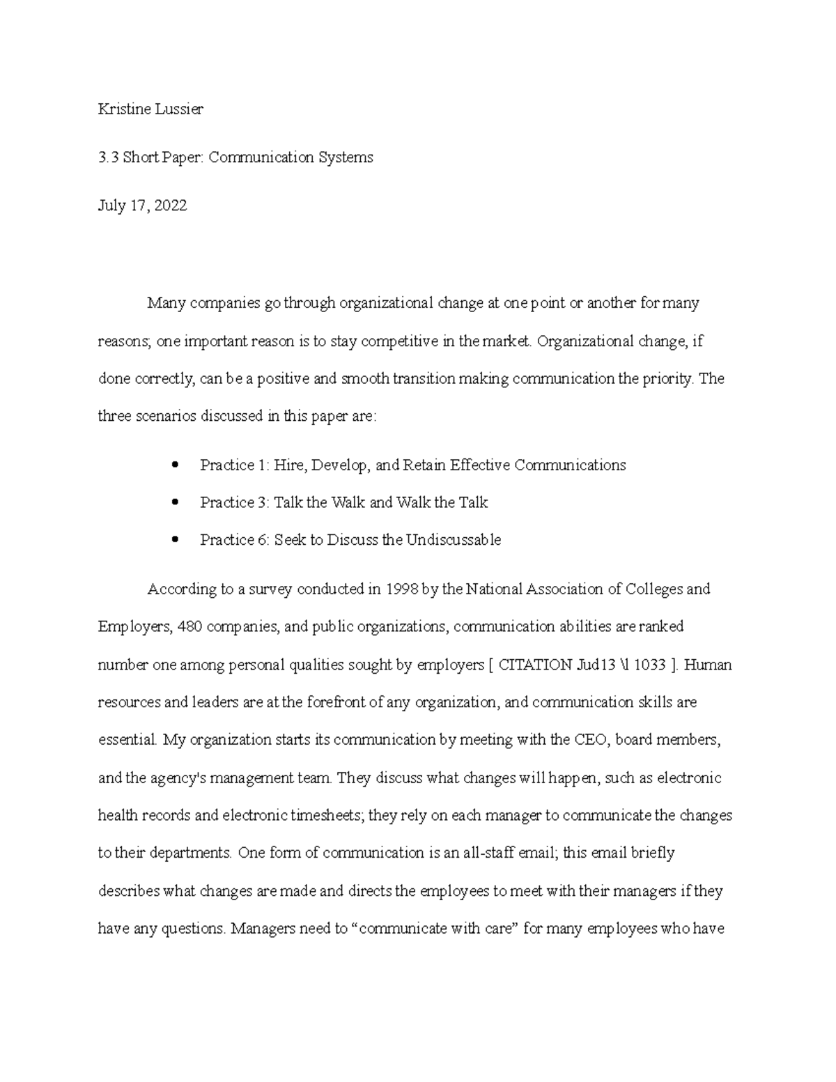 OL322 3-3 Short Paper Communication - Kristine Lussier 3 Short Paper ...