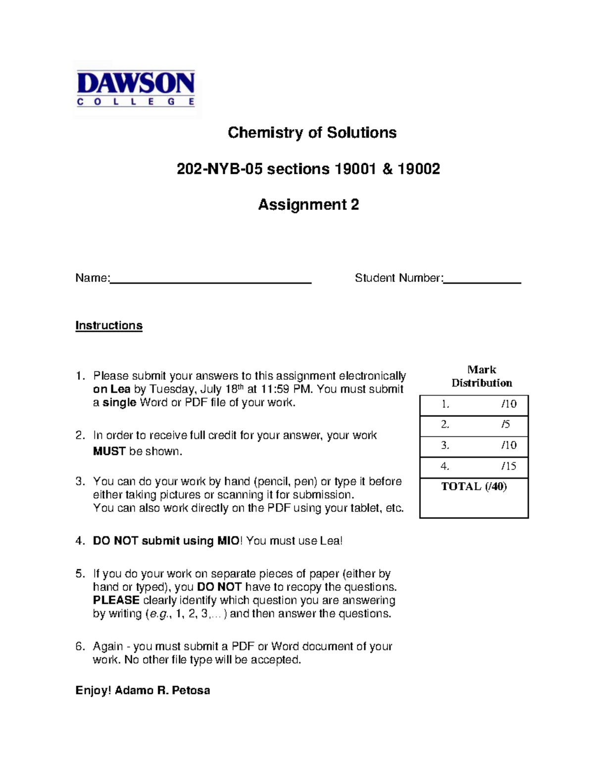 Assignment 2 Summer 2023 - Chemistry of Solutions 202-NYB-05 sections ...
