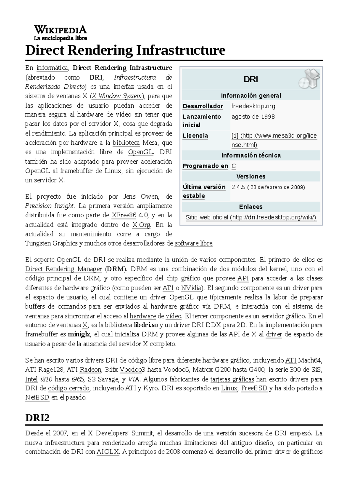 Direct Rendering Infrastructure - DRI Información general Desarrollador freedesktop Lanzamiento ...