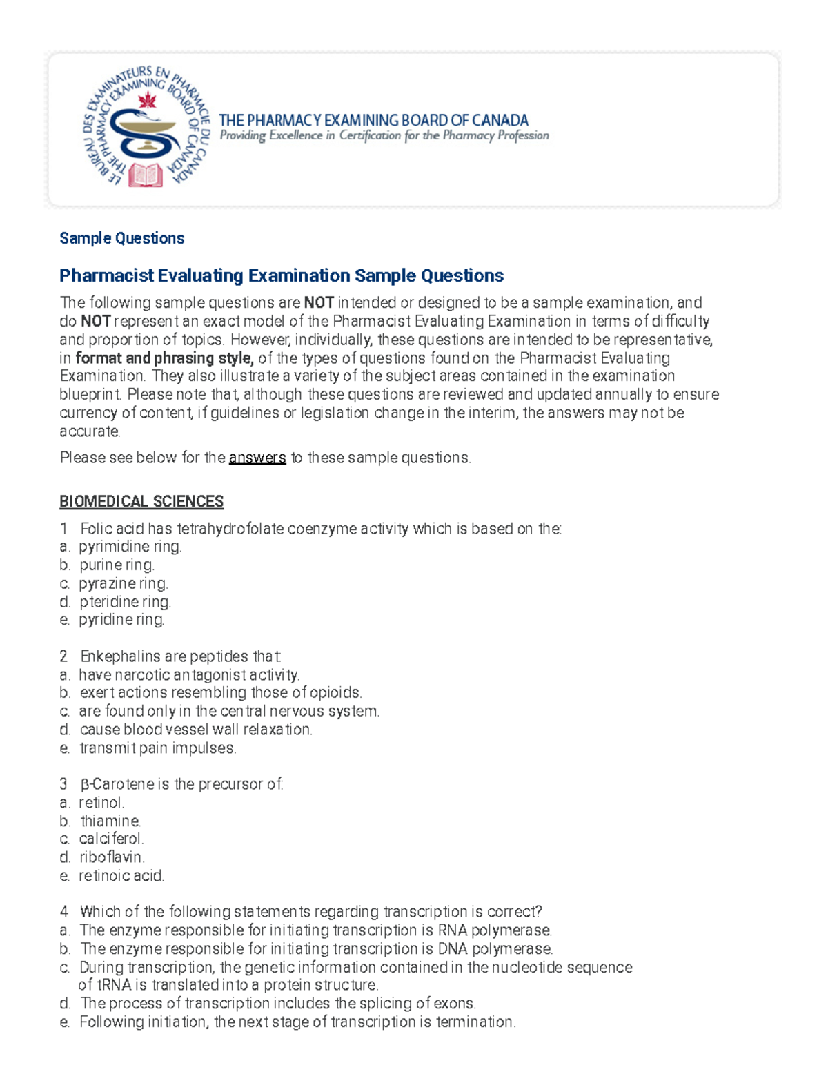 PEBC EE Sample Questions - Sample Questions Pharmacist Evaluating ...