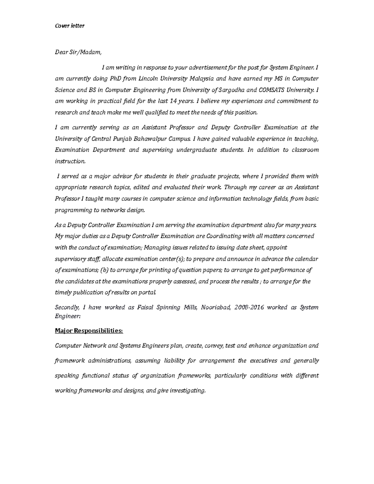 Cover letter - Ali Shan Tariq - Cover letter Dear Sir/Madam, I am ...