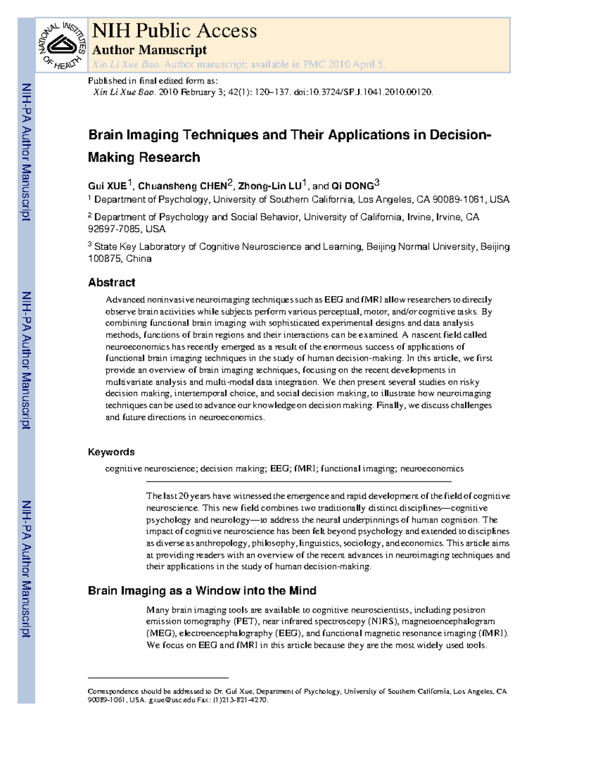 Brain Imaging Techniques and Their Applications in - By combining ...