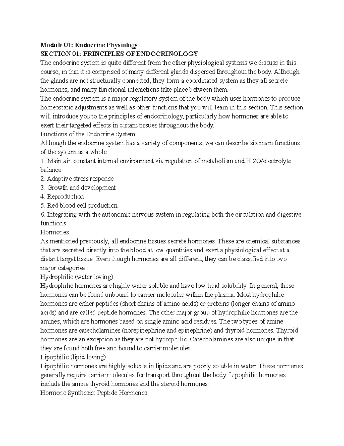 Module 1 lecture notes - Module 01: Endocrine Physiology SECTION 01 ...