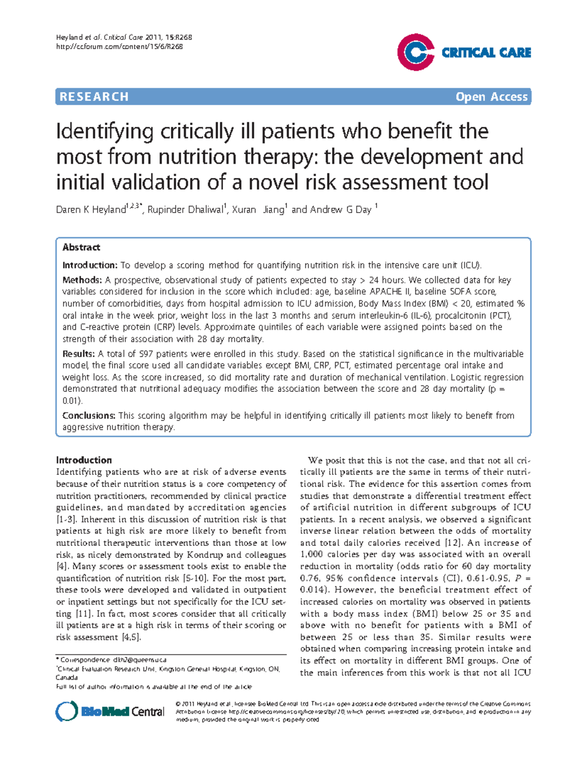 Nutric-score 2011 - R E S E A R C H Open Access Identifying critically ...