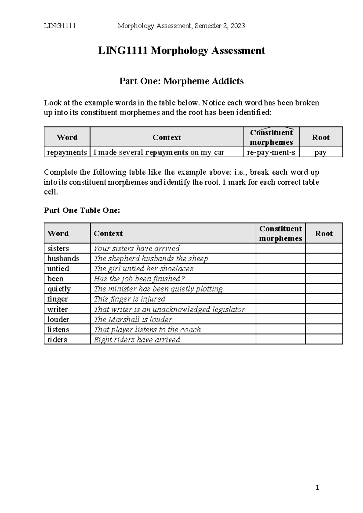 Ling1111 Morphology Assessment 2023 Questions - LING1111 Morphology ...