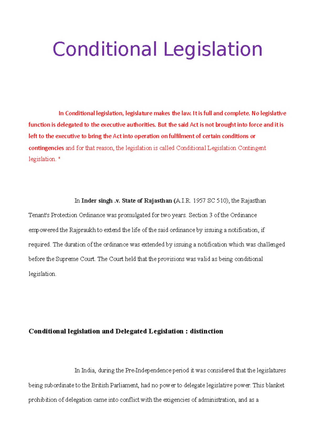 Conditional Legislation - It is full and complete. No legislative ...