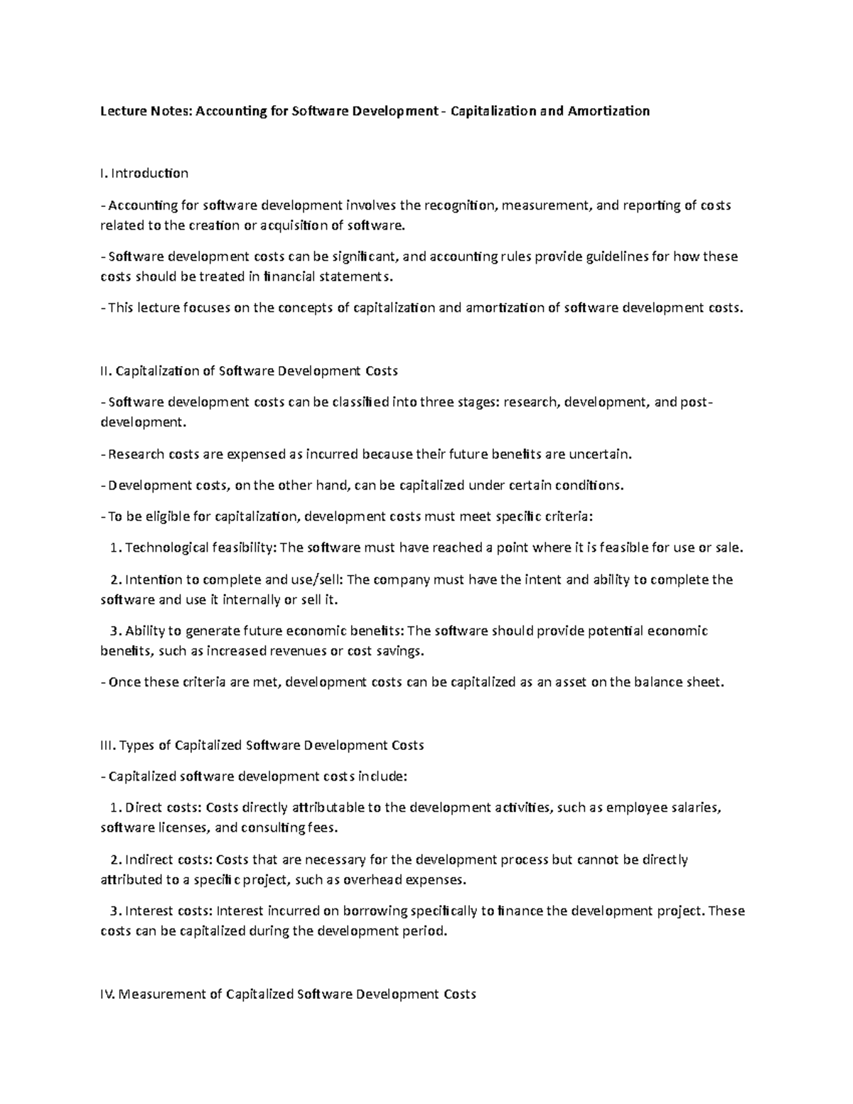 Lecture Notes: Accounting for Software Development - Capitalization and ...