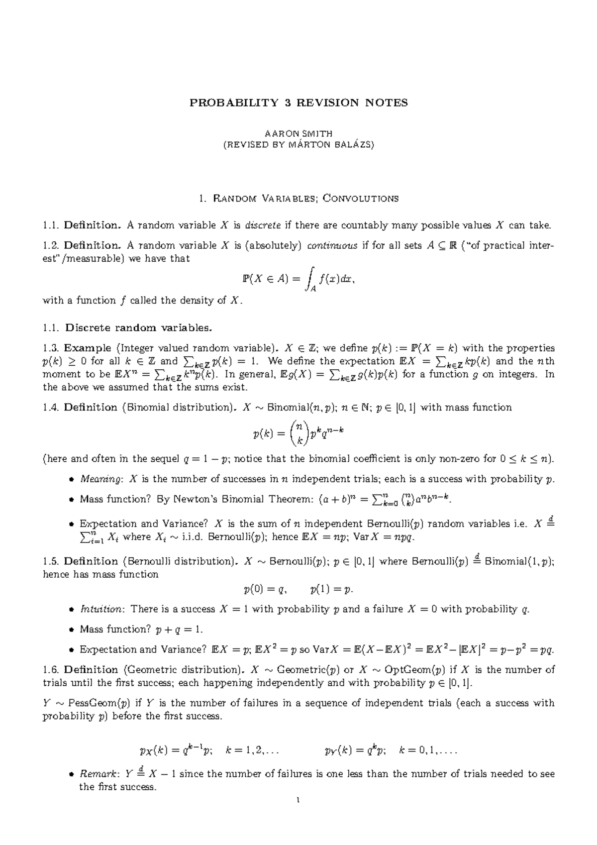 Further Topics in Probability Revision Notes - AARON SMITH (REVISED BY ...