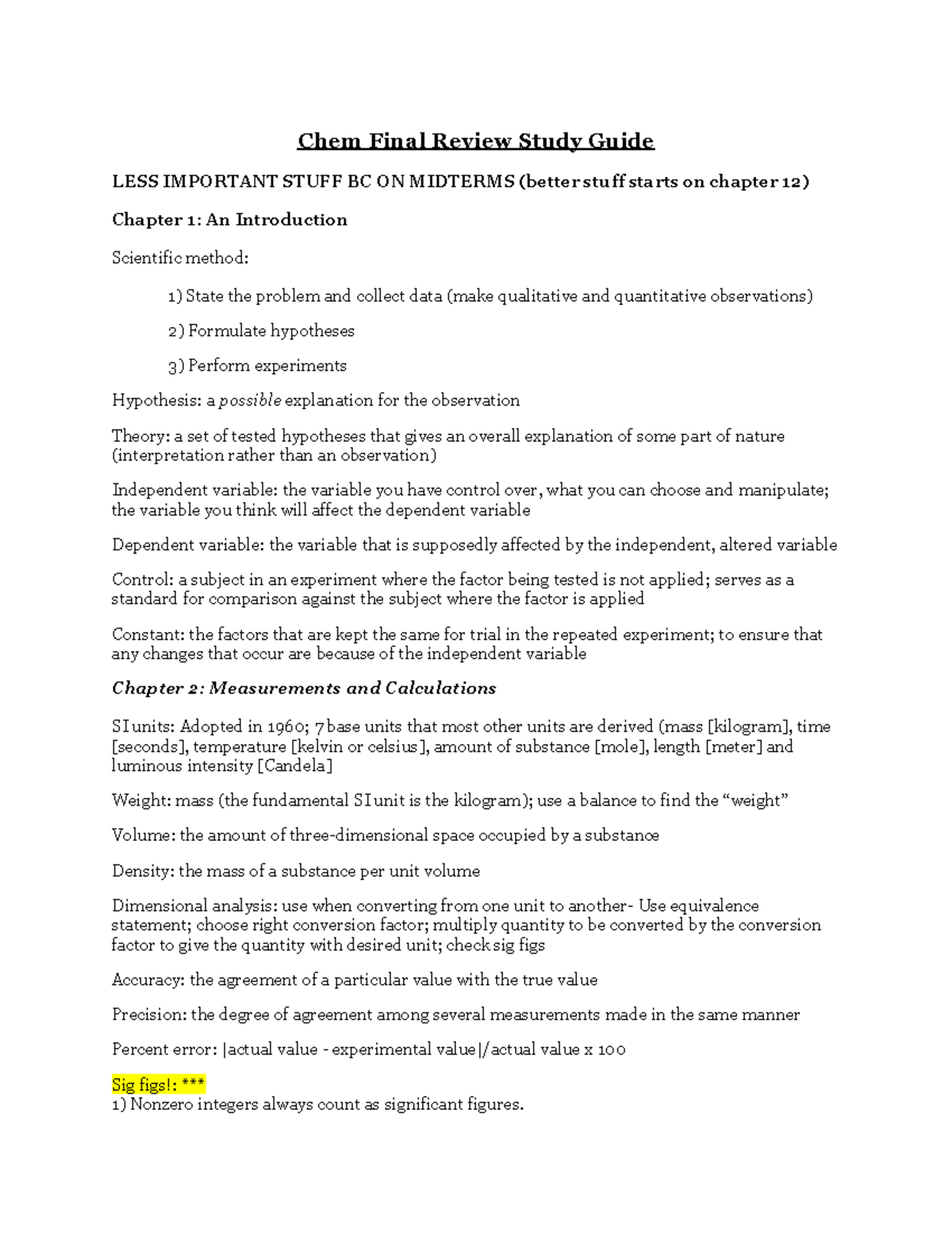 Chemistry Final Study Guide - Chem Final Review Study Guide LESS ...