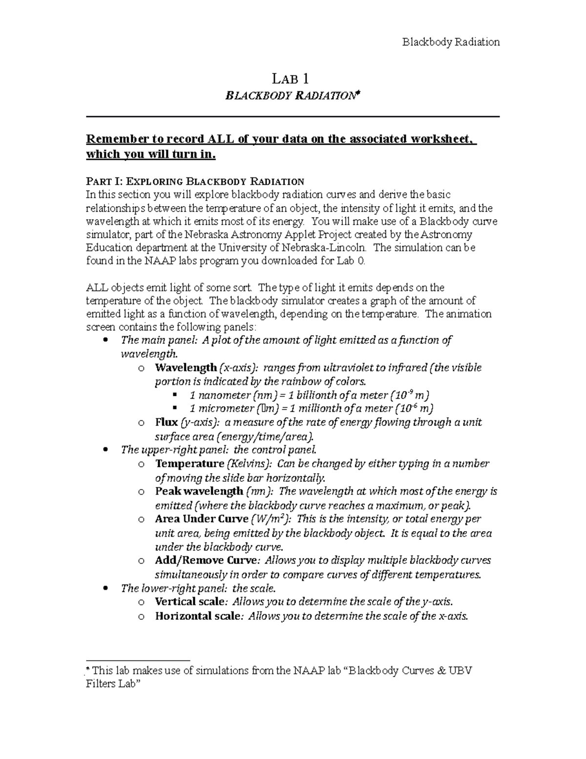 Lab1 Exercise - lab worksheet - LAB 1 BLACKBODY RADIATION Remember to ...