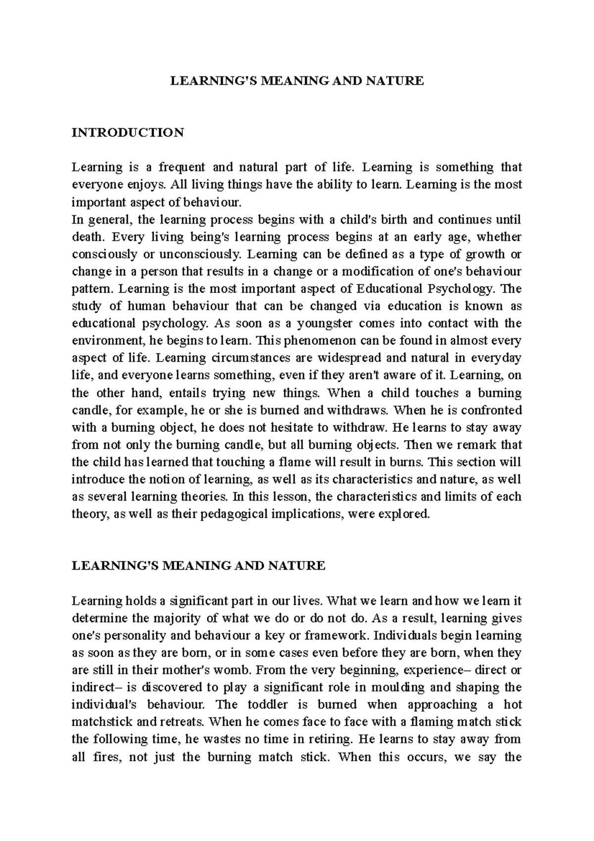 Learning'S Meaning AND Nature - LEARNING'S MEANING AND NATURE ...