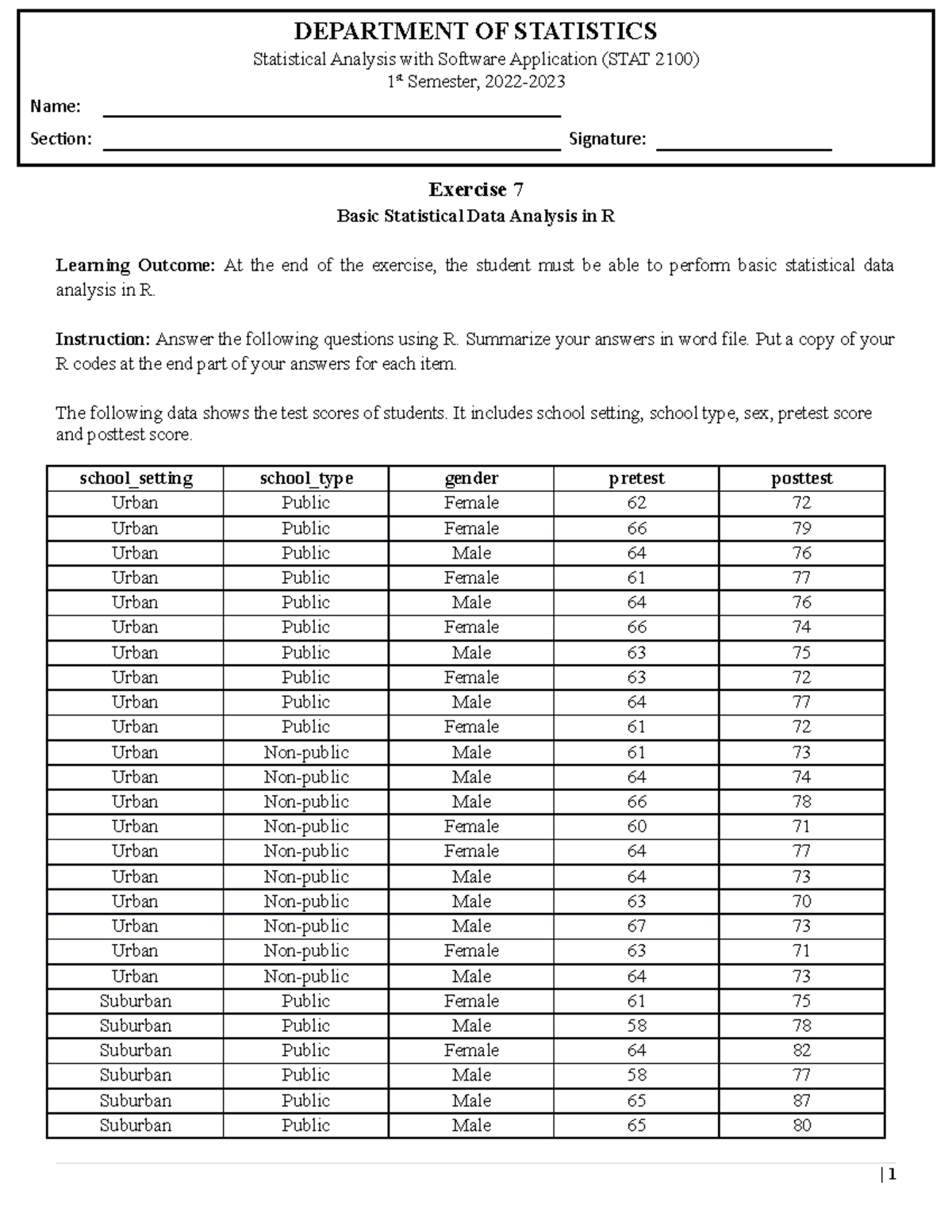 STAT 2100 Exercise 7 - Statistics - Exercise 7 Basic Statistical Data ...
