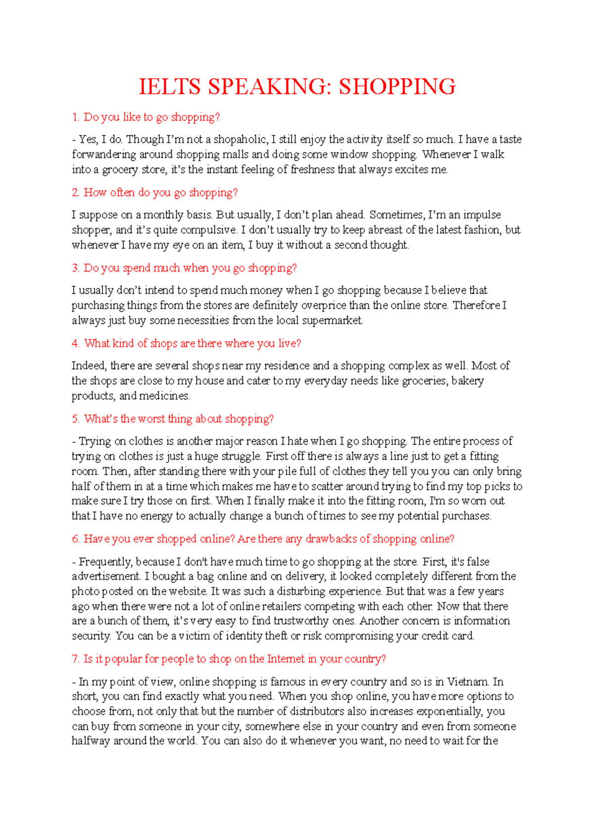 Ielts Speaking Shopping - IELTS SPEAKING: SHOPPING 1. Do you like to go ...