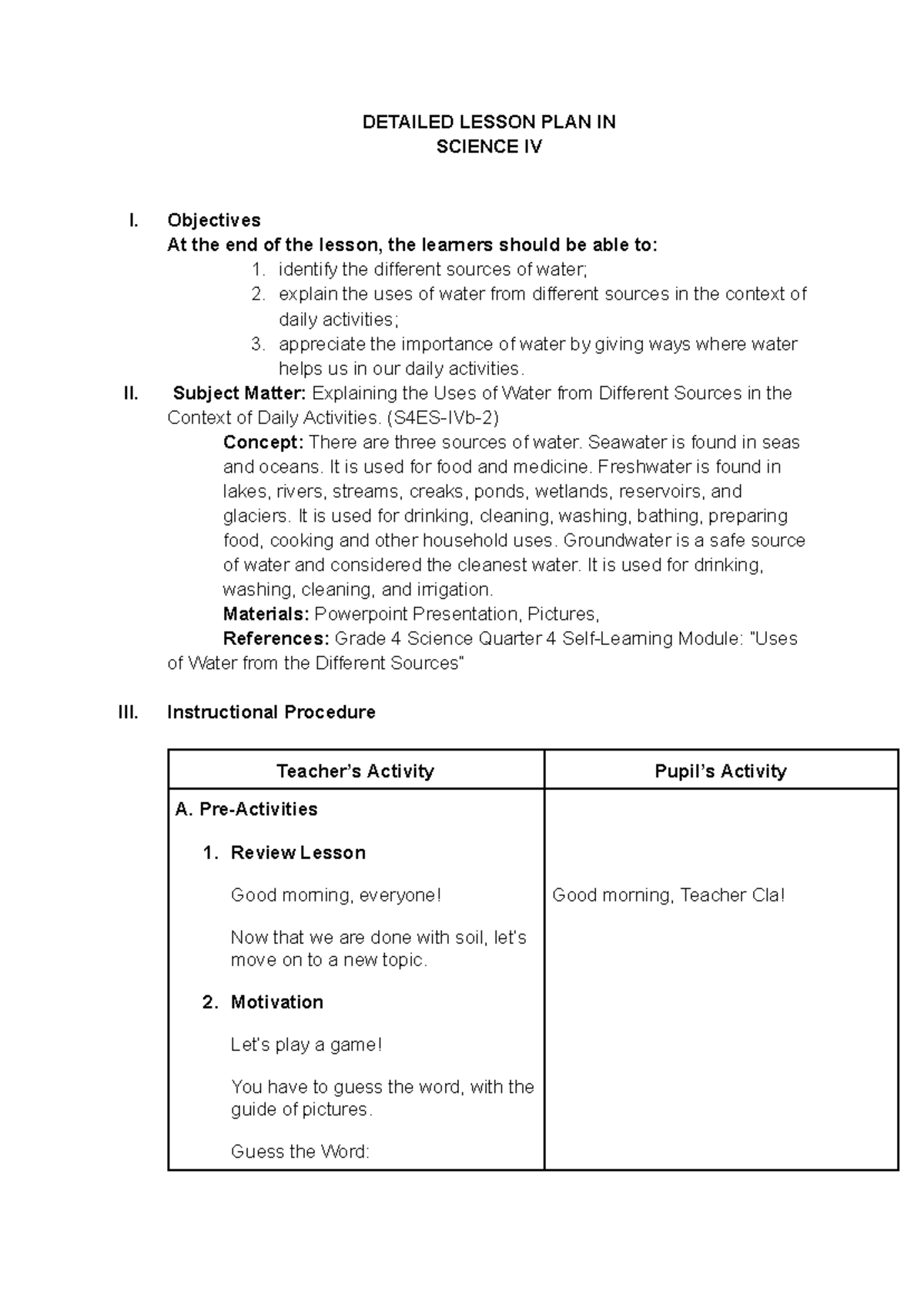 DLP IN Science 4 (Water Sources) - DETAILED LESSON PLAN IN SCIENCE IV I ...