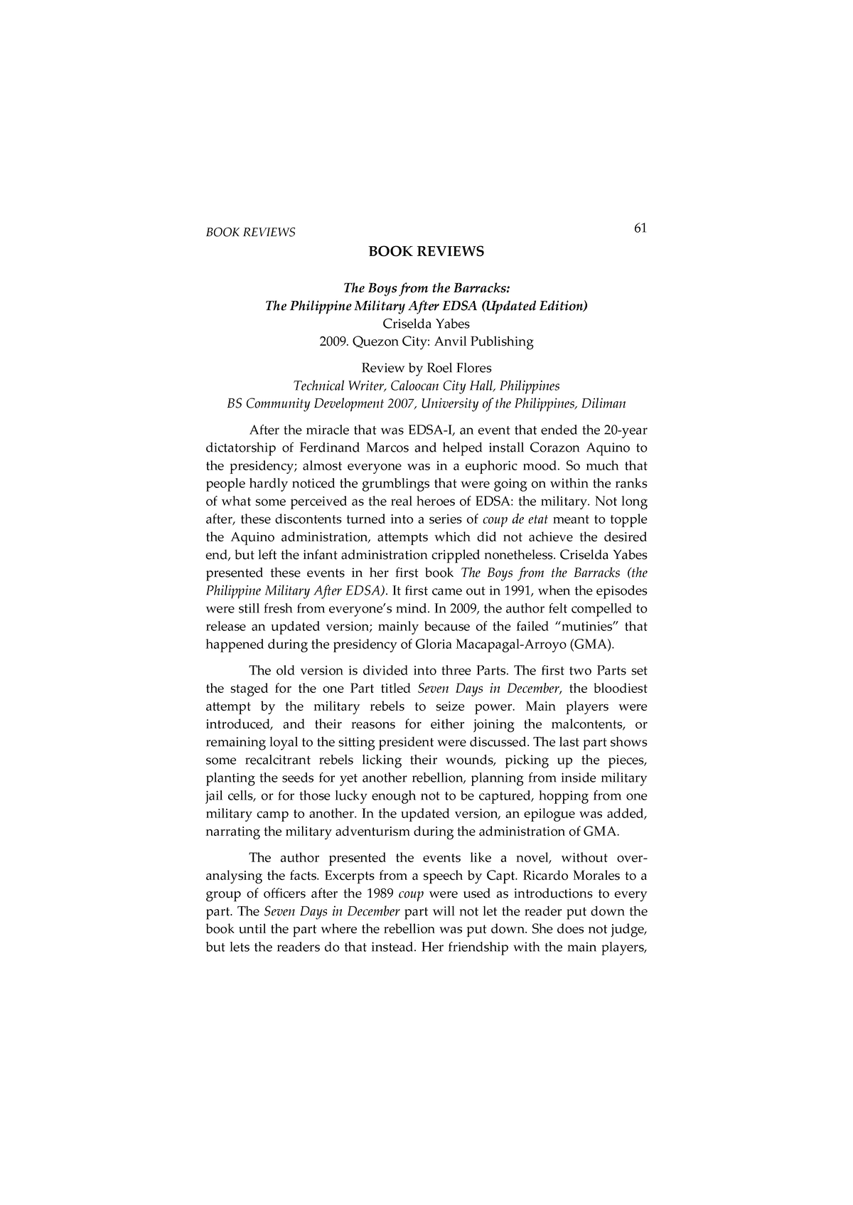 book review about the edsa coup - BOOK REVIEWS 61 BOOK REVIEWS The Boys ...