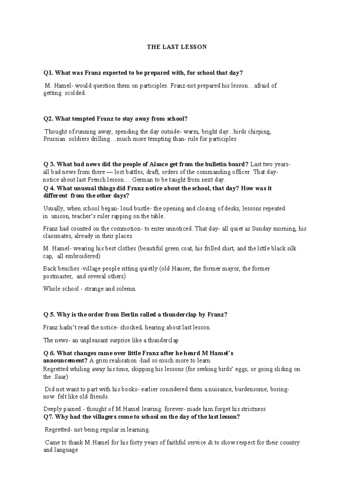 THE LAST Lesson notes - THE LAST LESSON Q1. What was Franz expected to ...