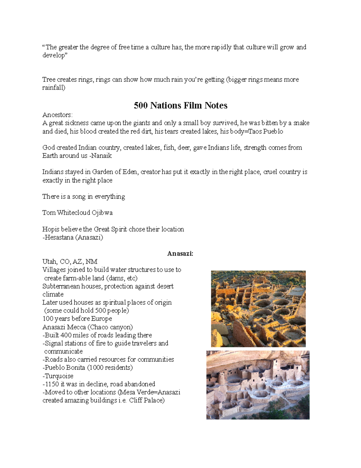 500 Nations Film Notes & Social Component of Culture - “The greater the ...