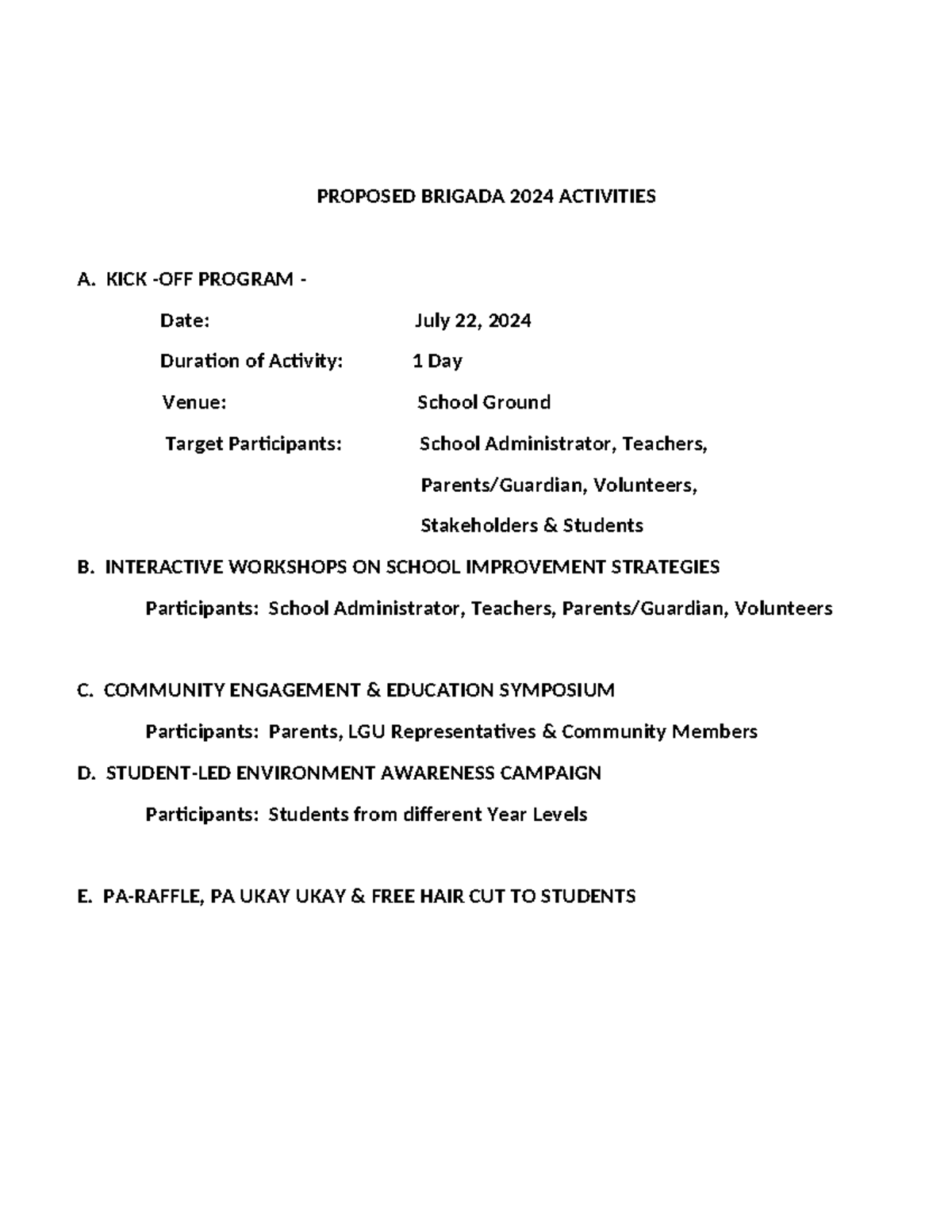BRIGADA ESKUWELA proposed activity - PROPOSED BRIGADA 2024 ACTIVITIES A ...