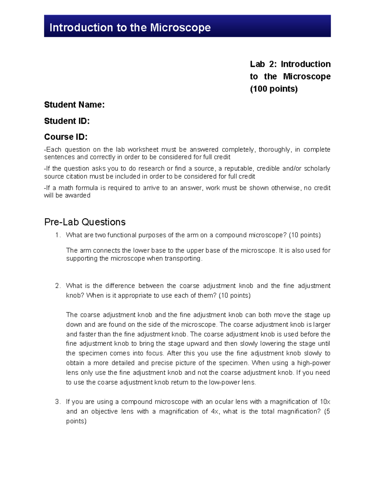 BIOL202 Lab2-Introduction to the Microscope - Lab 2: Introduction to the Microscope (100 points ...