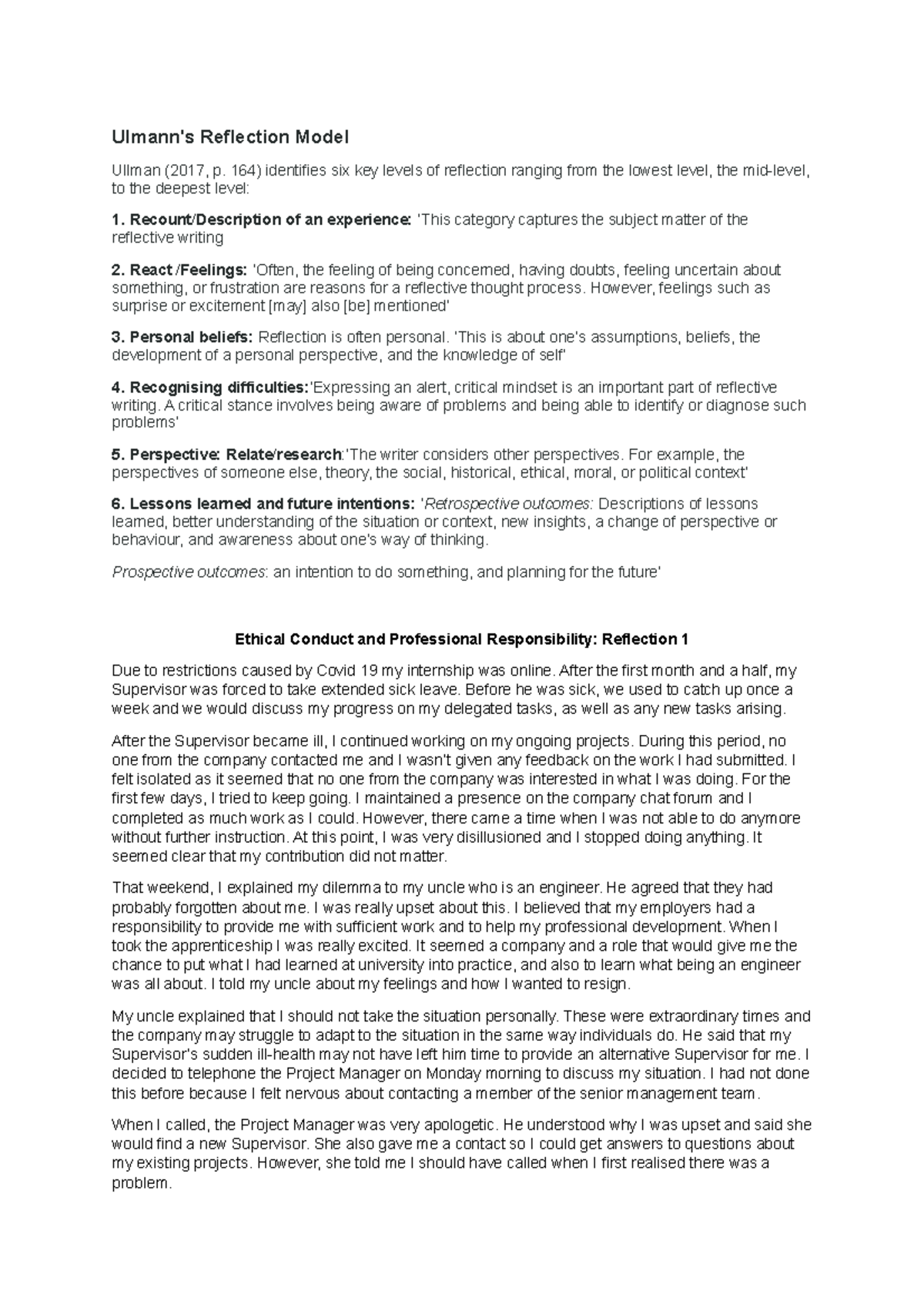 Ethical Conduct and Professional Responsibility-1 - Ulmann's Reflection Model Ullman (2017, p ...
