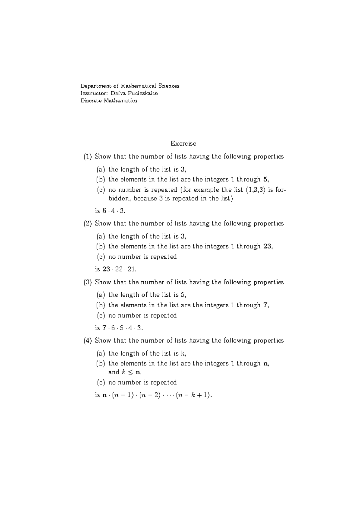 Exercise Discrete Mathematics - Department of Mathematical Sciences ...