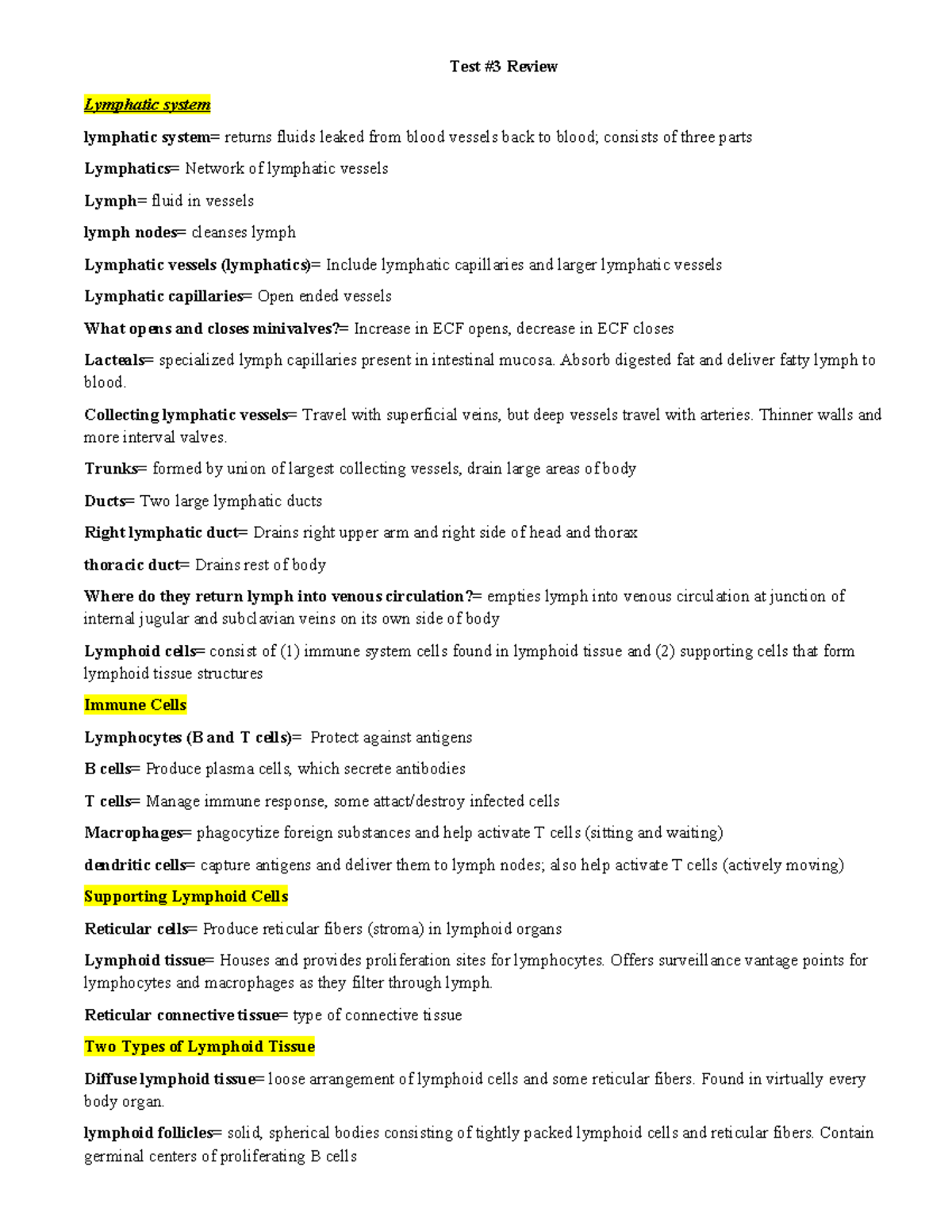 EXAM 3 - test prep - Test #3 Review Lymphatic system lymphatic system ...