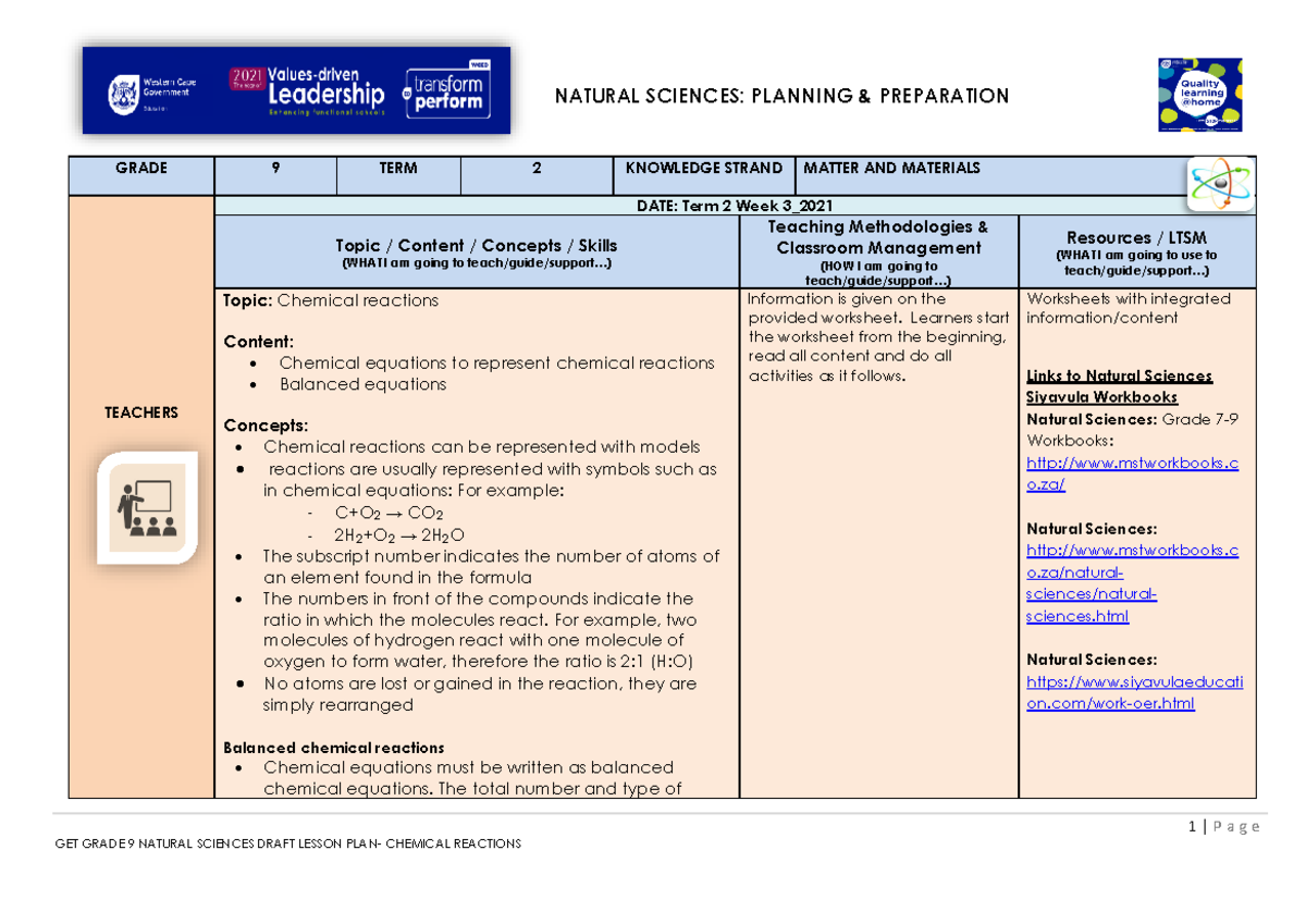 Lesson Plan Gr. 9 Natural Sciences T2 W3 - 1 | P a g e NATURAL SCIENCES ...