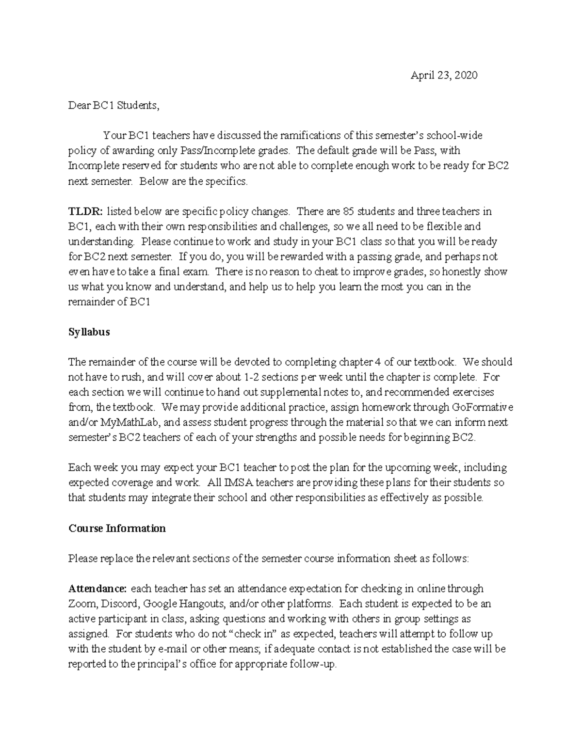 Intro to BC1 - BC outline - April 23, 2020 Dear BC1 Students, Your BC1 ...