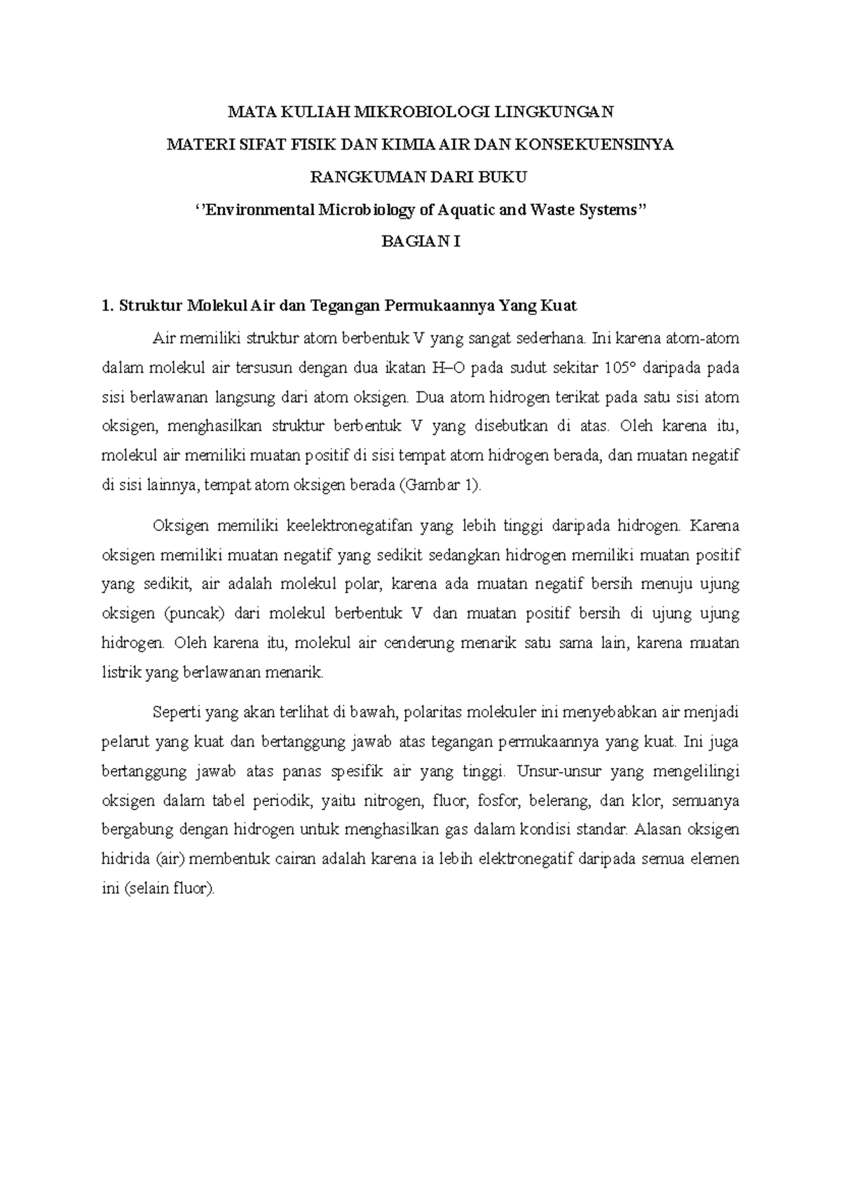 Mikrobiologi Lingkungan - Sifat Fisik dan Kimia Air dan Konsekuensinya ...