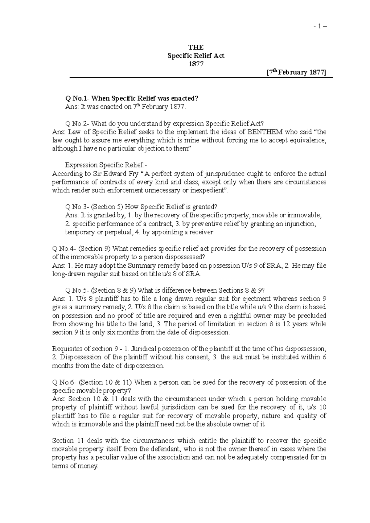Pdf notes in questions and answer form on specific relief act 1877 for ...